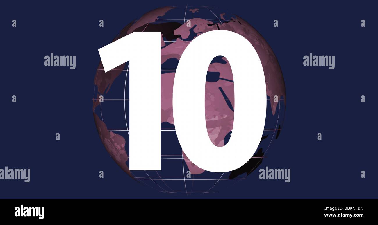 Displaying bold white numeral 10 overlaying pinkish-red globe on navy ...