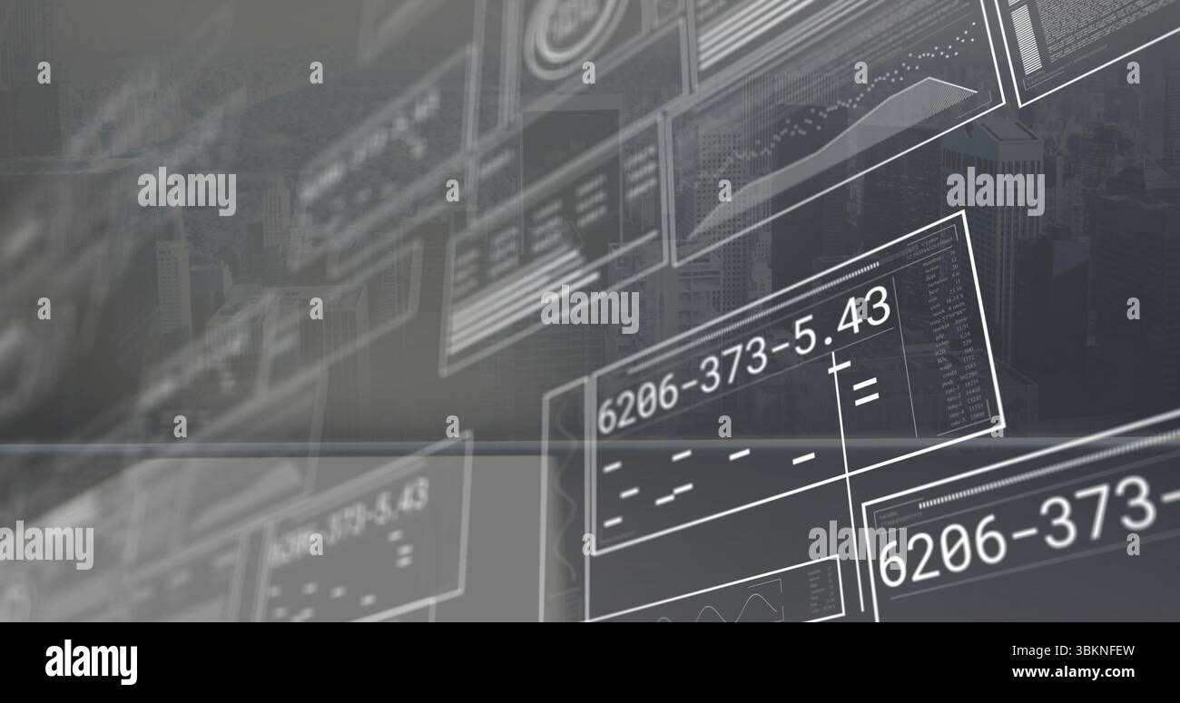 Displaying data panels showing alphanumeric codes, charts over urban ...