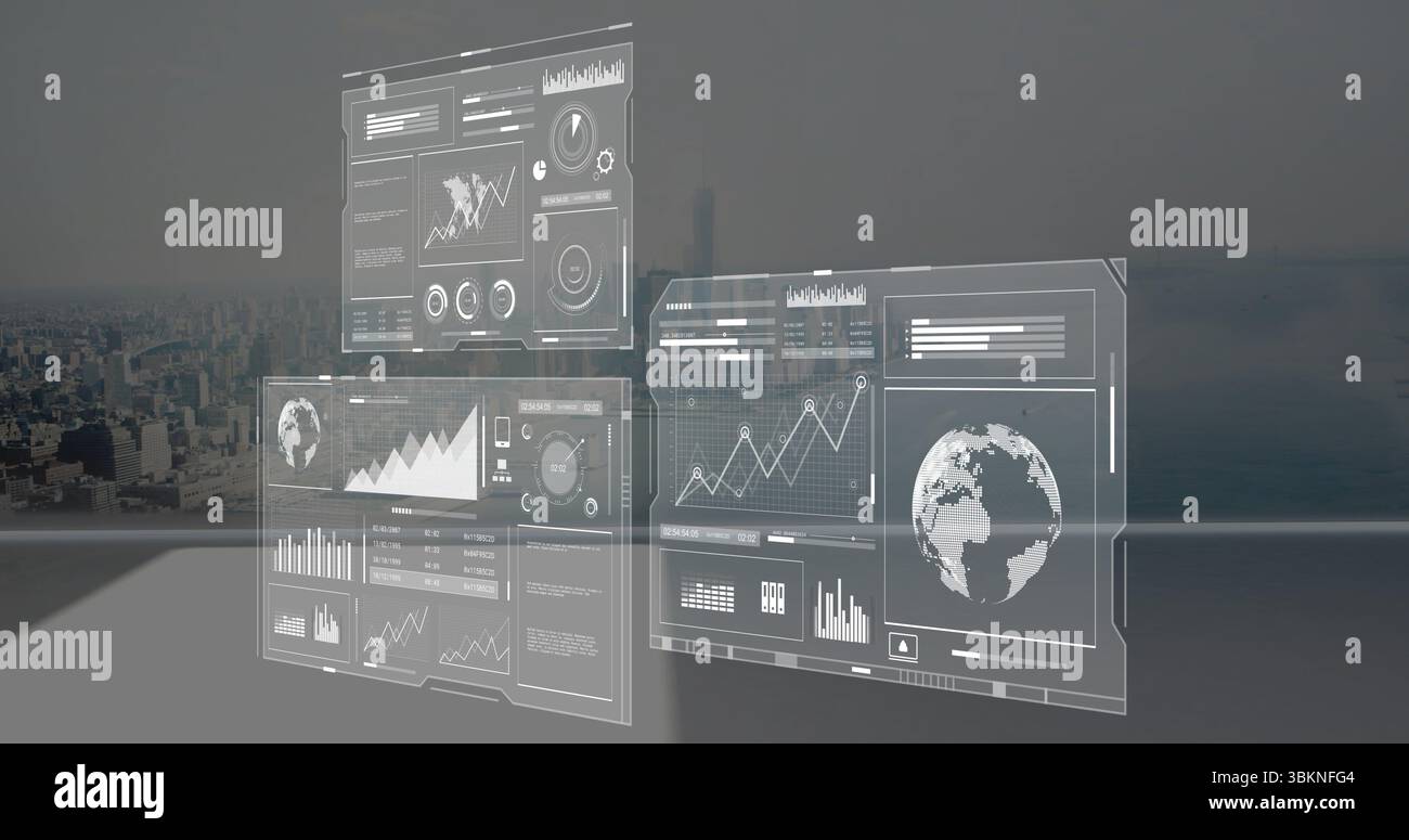 Floating translucent UI panels showing line charts, bar charts and rotating globe in control ...
