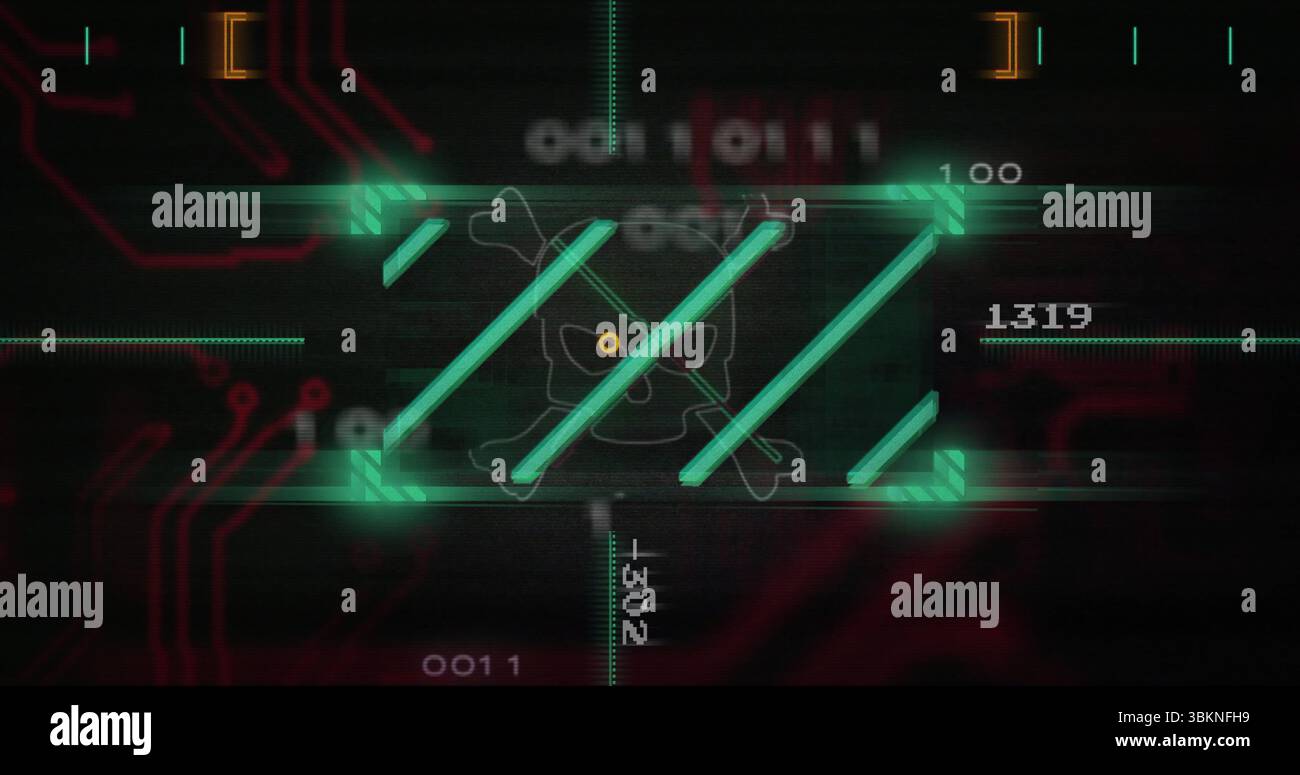 Glowing neon green bars framing hazard icon at heads-up display, with red traces and binary ...