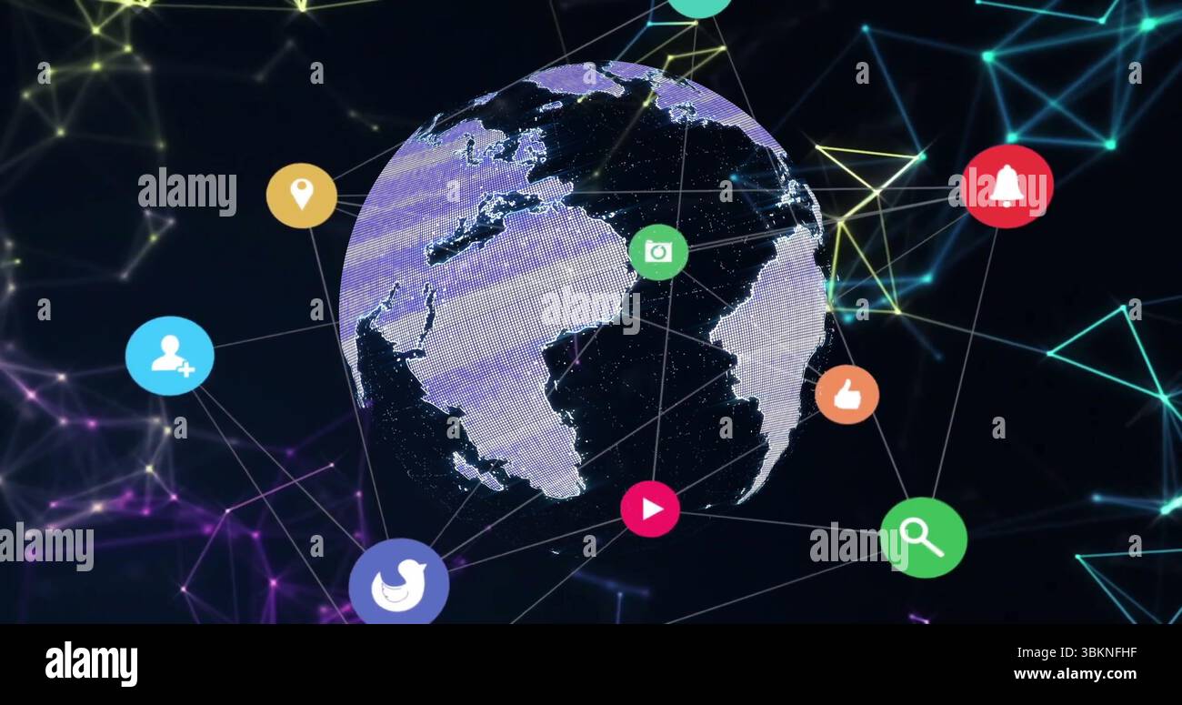 Rotating globe showing grid over neon network lines in dark space, with ...