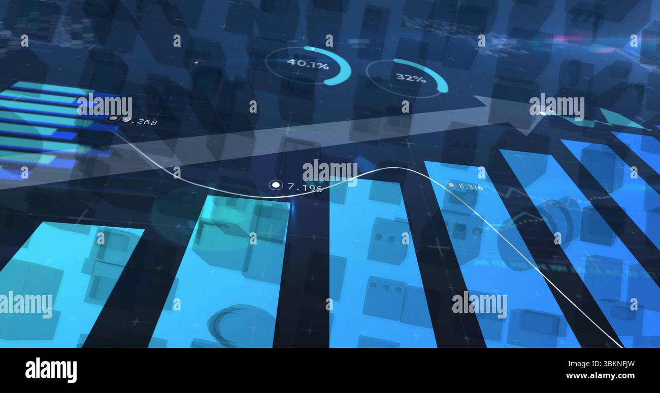 Displaying blue 3D vertical bars with line graph and data points in virtual dashboard, with ...