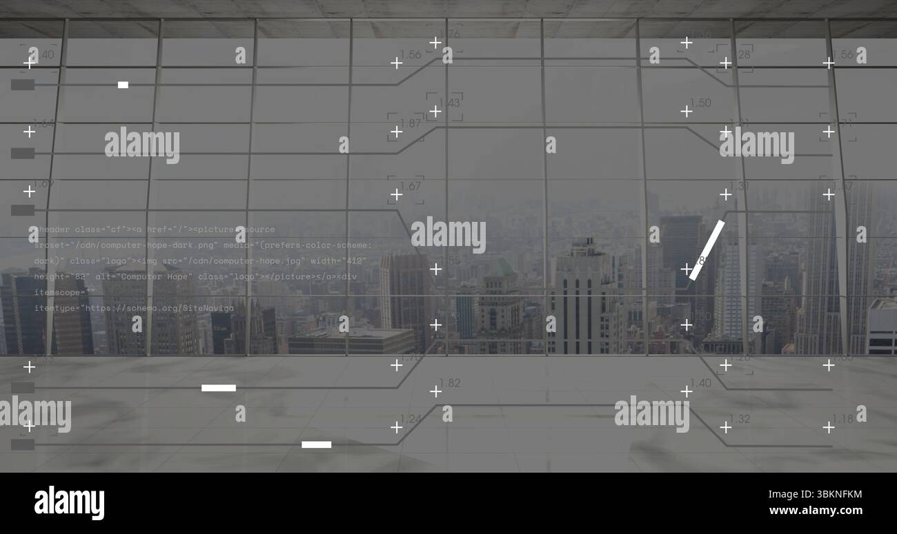 Displaying empty office interior with tiled floor and windows in high ...