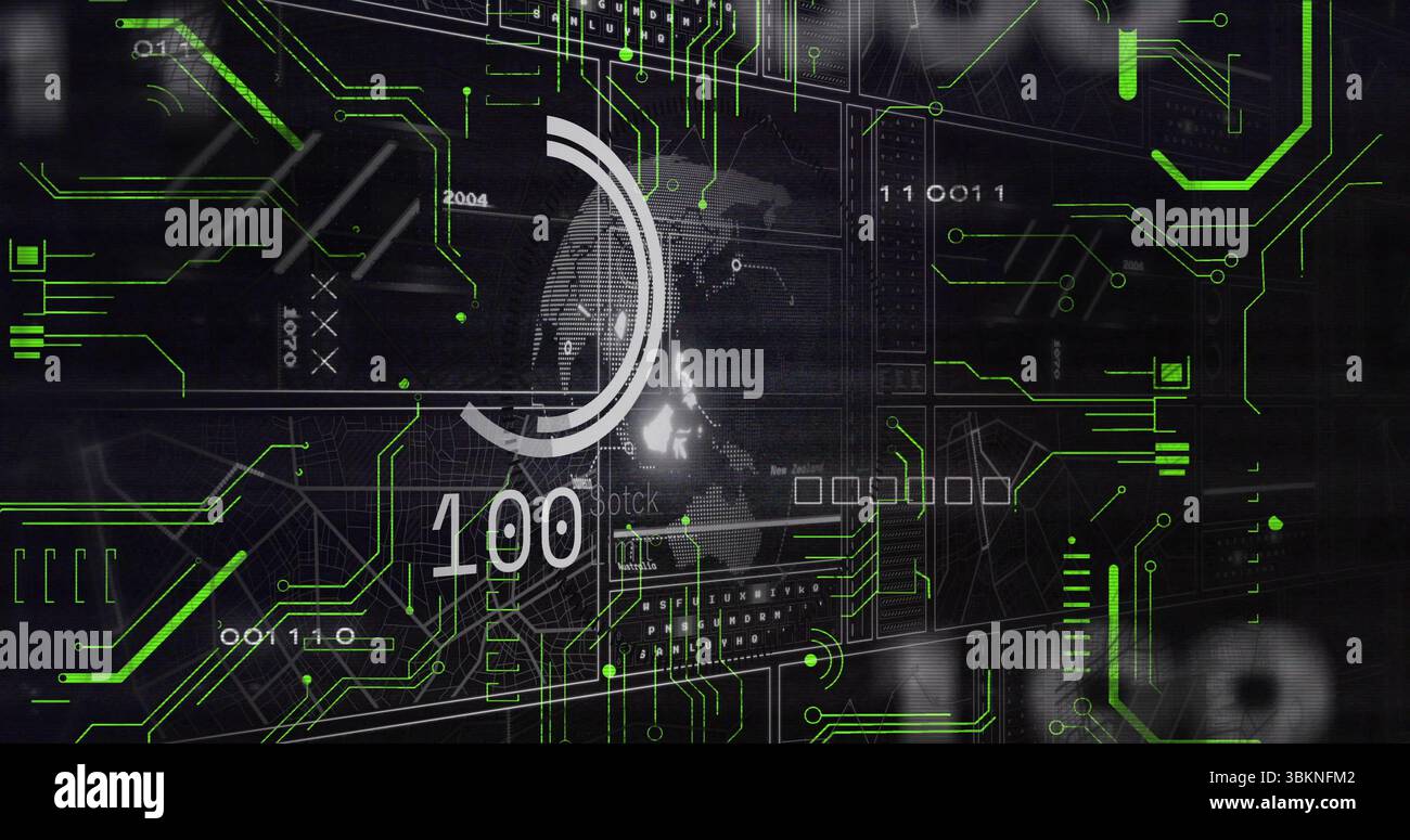 Displaying circular gauge reading 100 on screen over world map grid, with green circuit traces ...