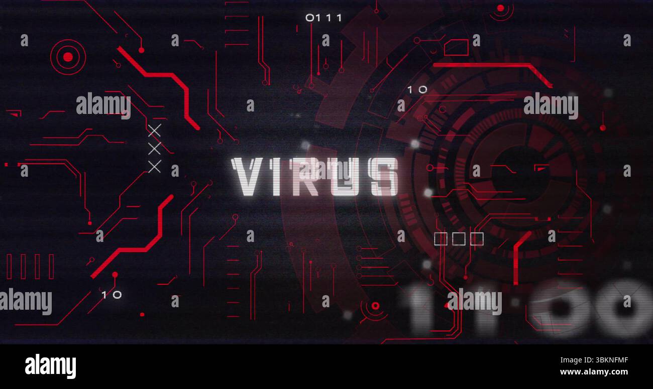 Displaying digital interface showing VIRUS at security screen, with red ...