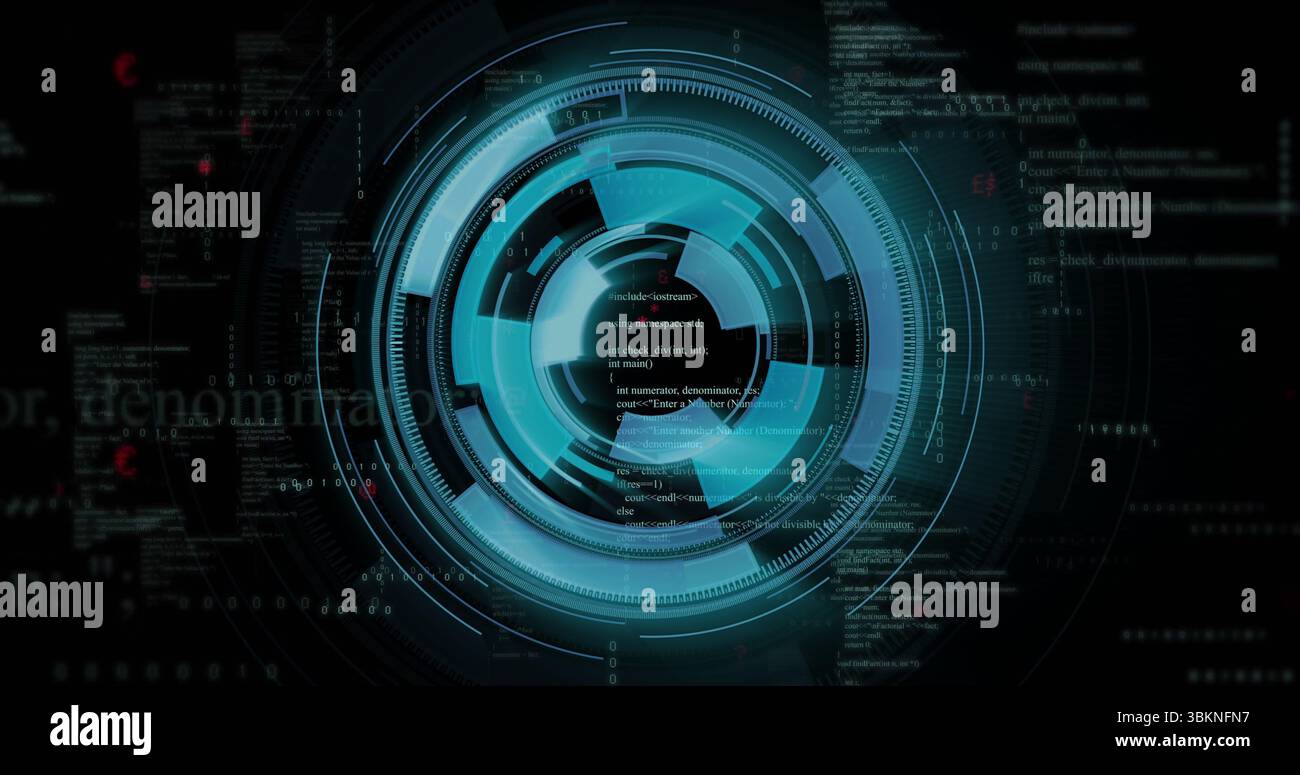 Rotating blue circular HUD interface in virtual space, with orbiting indicators and code ...