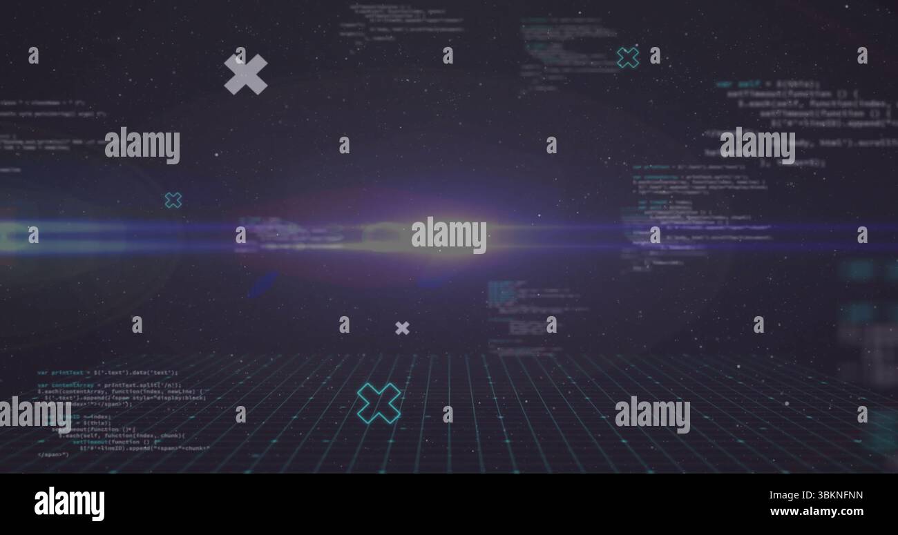 Glowing central light beam shining over dark 3D grid floor, with ...