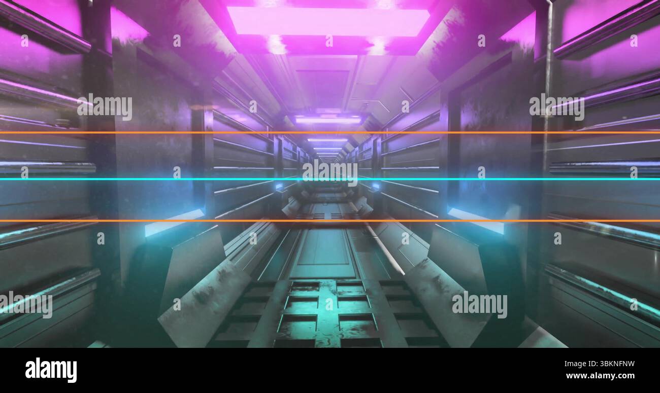 Extending metal corridor inside spaceship passage, with wall panels and ...