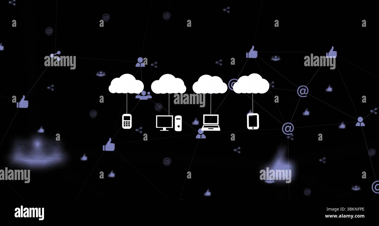 Displaying five cloud icons linking smartphone, desktops, laptop ...