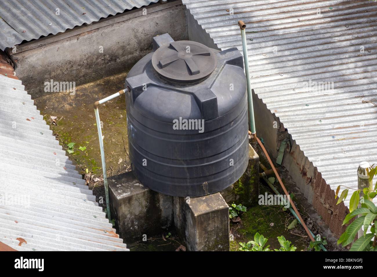 Black plastic water tank on a village house rooftop in Bangladesh ...