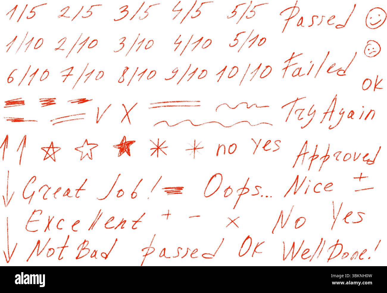Exam grading marks doodle style set. Five-points, ten point academic ...
