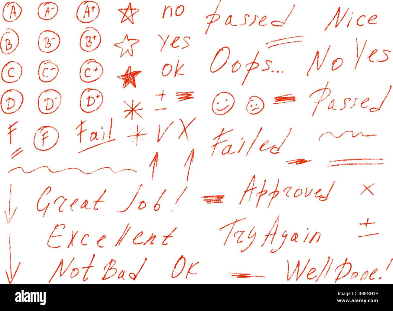 Exam letters grade marks wax crayon style set. School test results hand ...