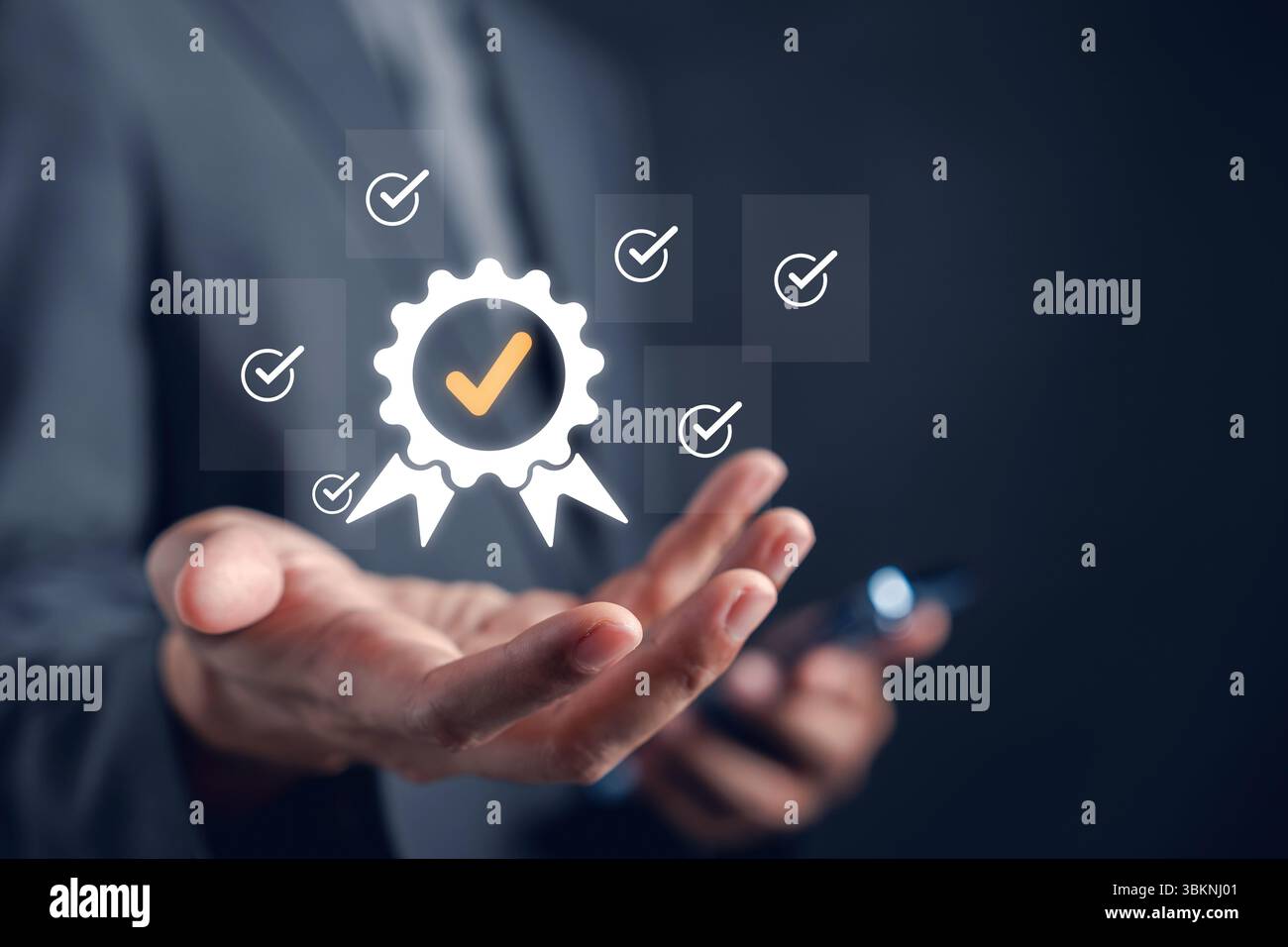 Guarantee and quality standard concept with checkmark icon in hand. Represents business trust ...