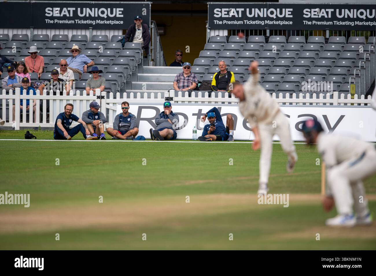 Derbyshire's Coaching staff look on at Bristol as Jack Morley bowls on ...