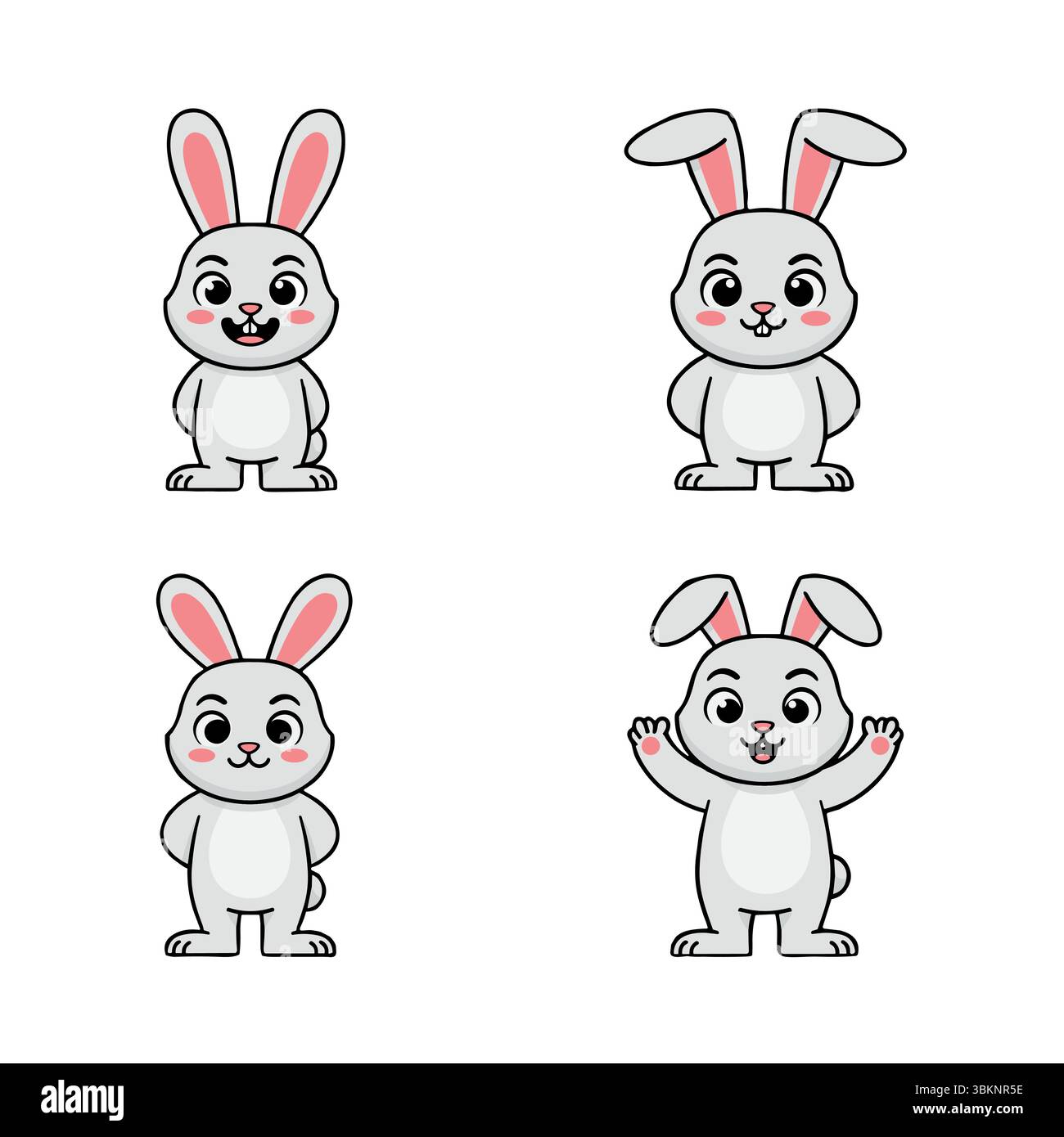 Cute cartoon rabbits in different poses isolated on white background ...