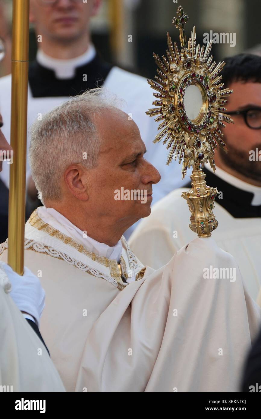Pope Leo XIV carries a monstrance arriving at the St. Mary Major ...