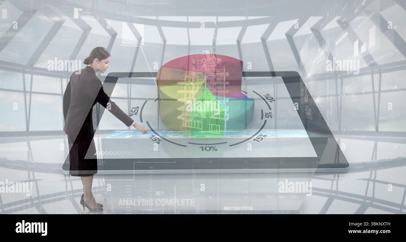 Businesswoman in dark suit manipulating floating pie chart in control ...