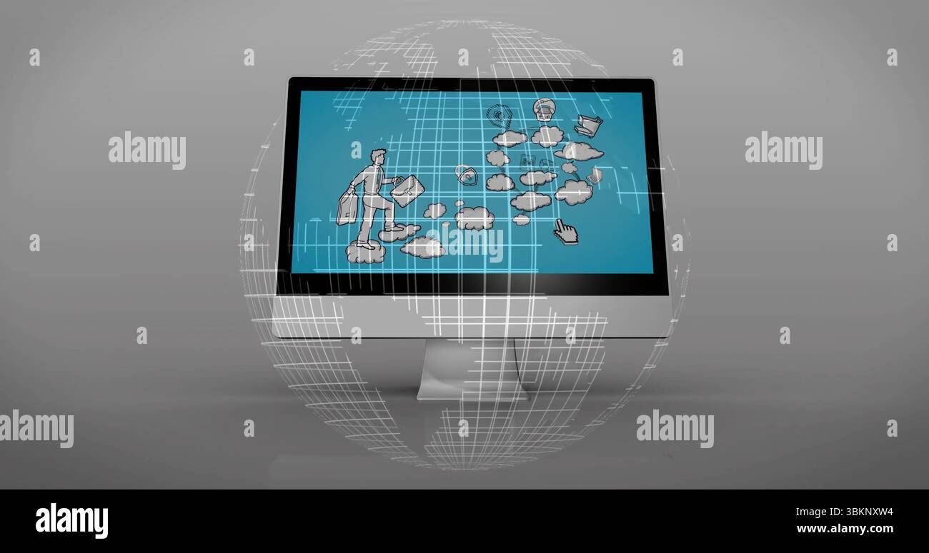 Displaying monitor showing businessman walking across cloud icons in ...