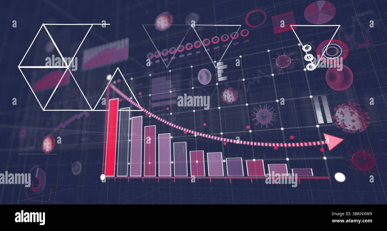 Displaying descending bars showing data drop on grid background, with curved arrow and virus ...