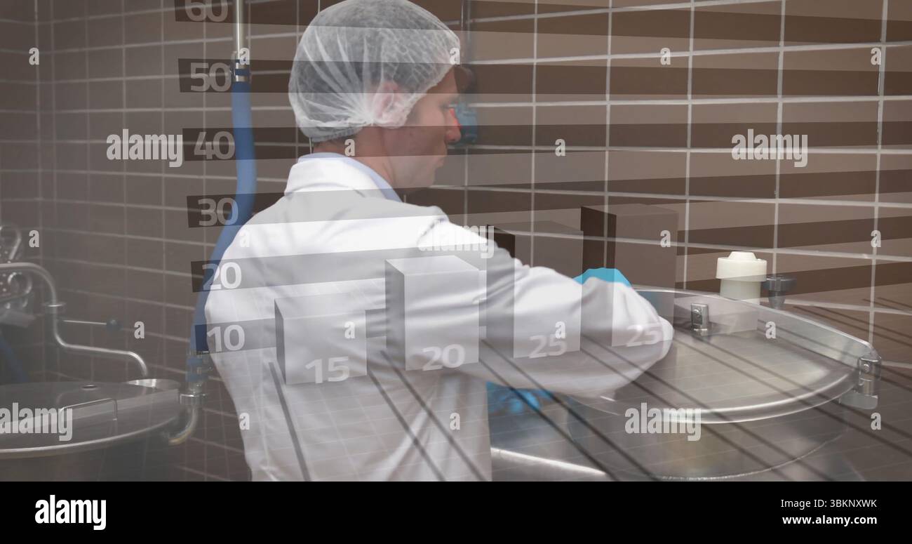 Lifting vat lid, technician wearing lab coat and hairnet inspecting vat in plant, with tiled ...