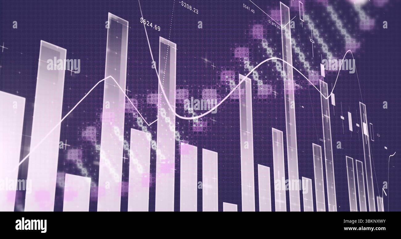 Displaying data chart weaving white line over bars on purple grid, with ...