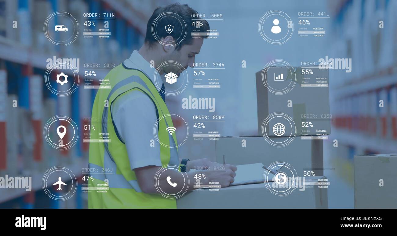 Worker wearing yellow safety vest logging data on clipboard in ...