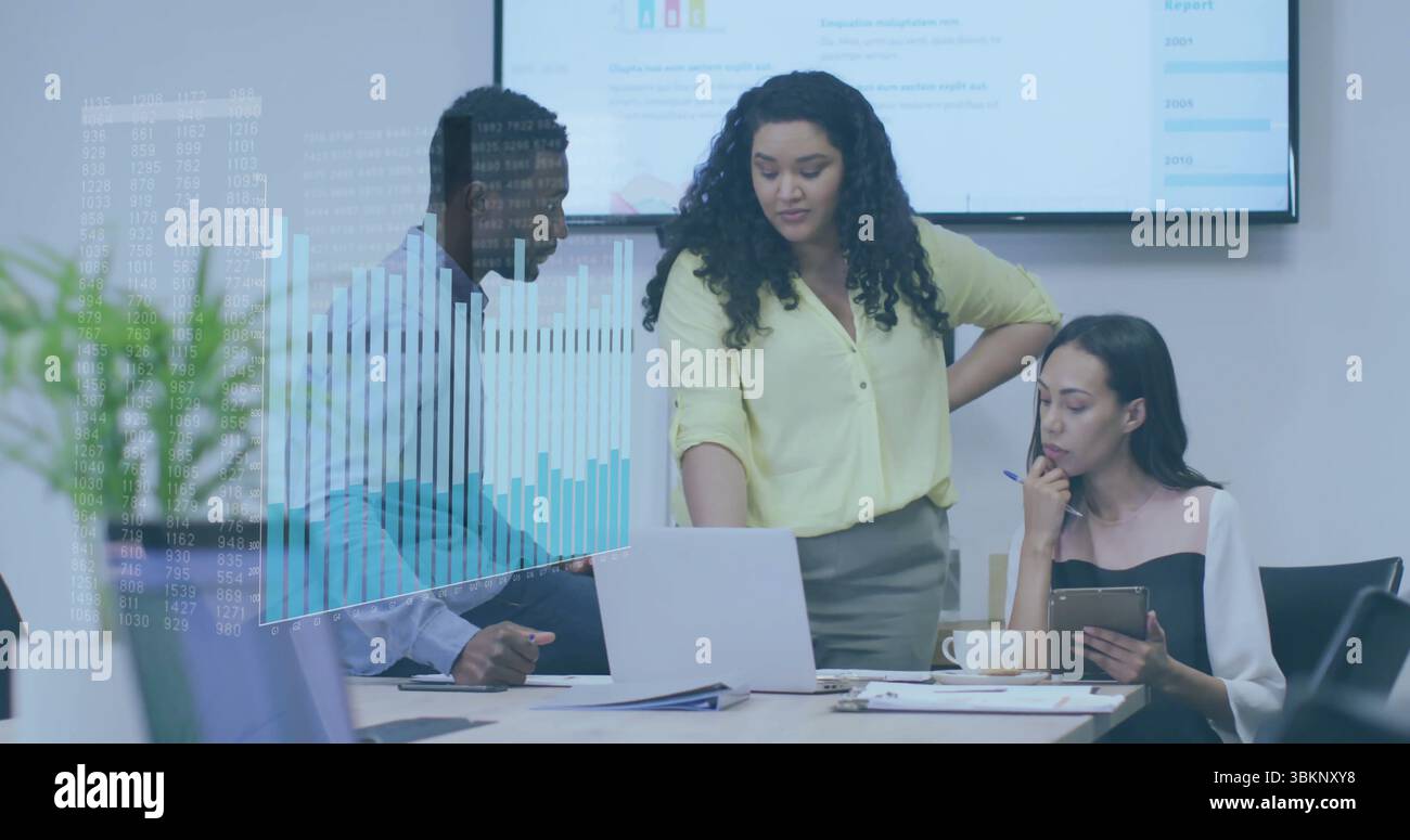 Presenting charts on screen colleague guiding discussion in office ...