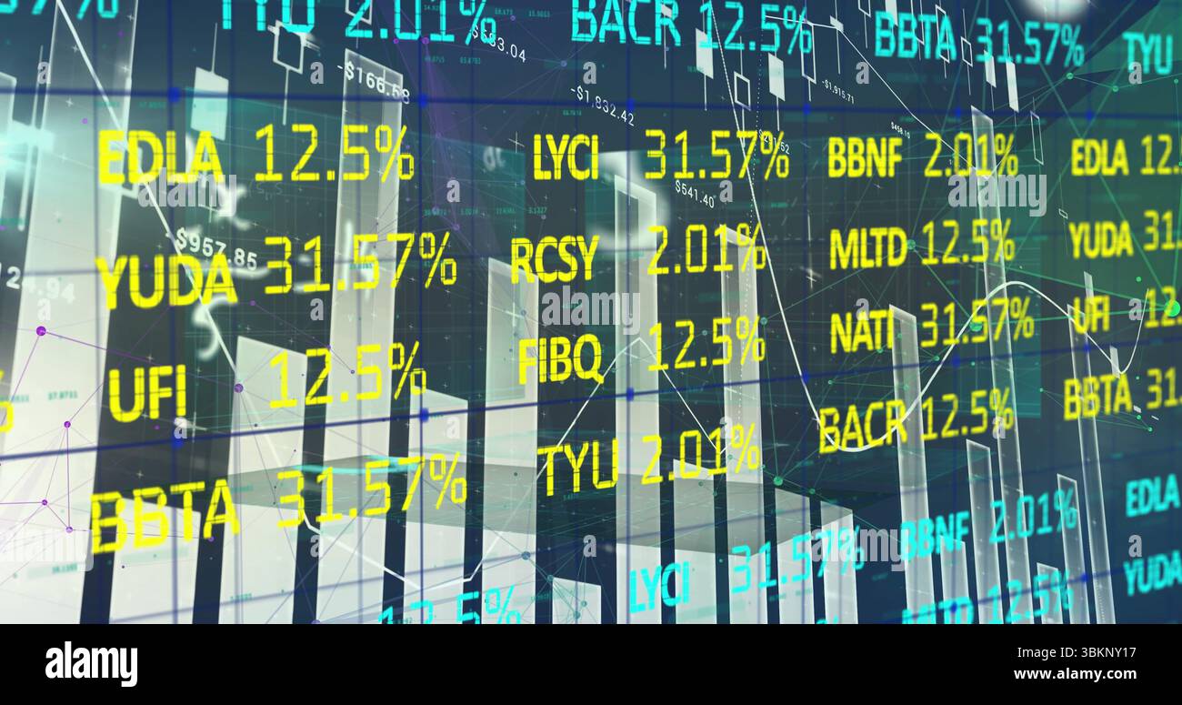 Floating data overlays showing percent changes and stock tickers in dashboard, with bar graphs ...
