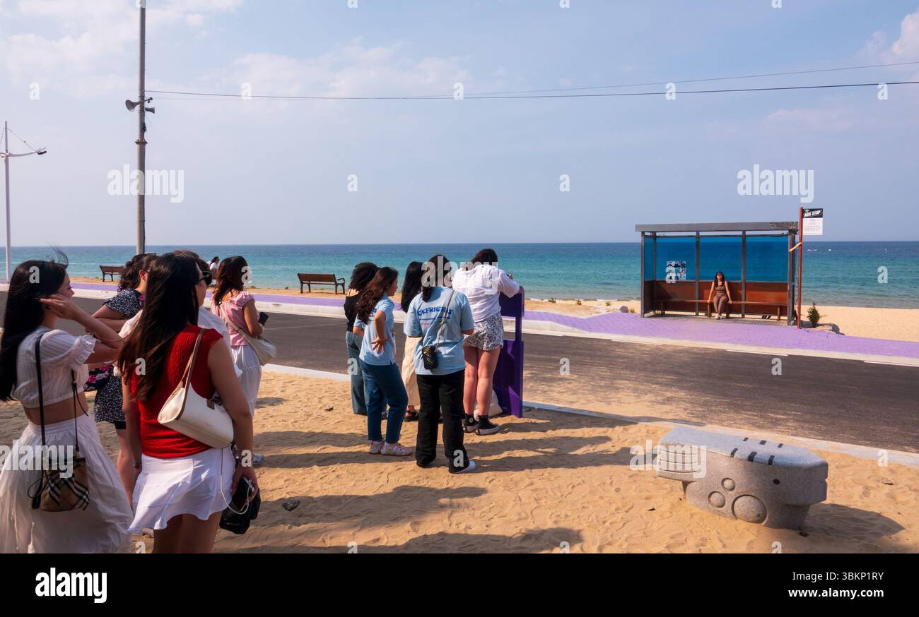 BTS Bus Stop, June 19, 2025 : 'BTS Bus Stop' is seen on Hyangho beach ...