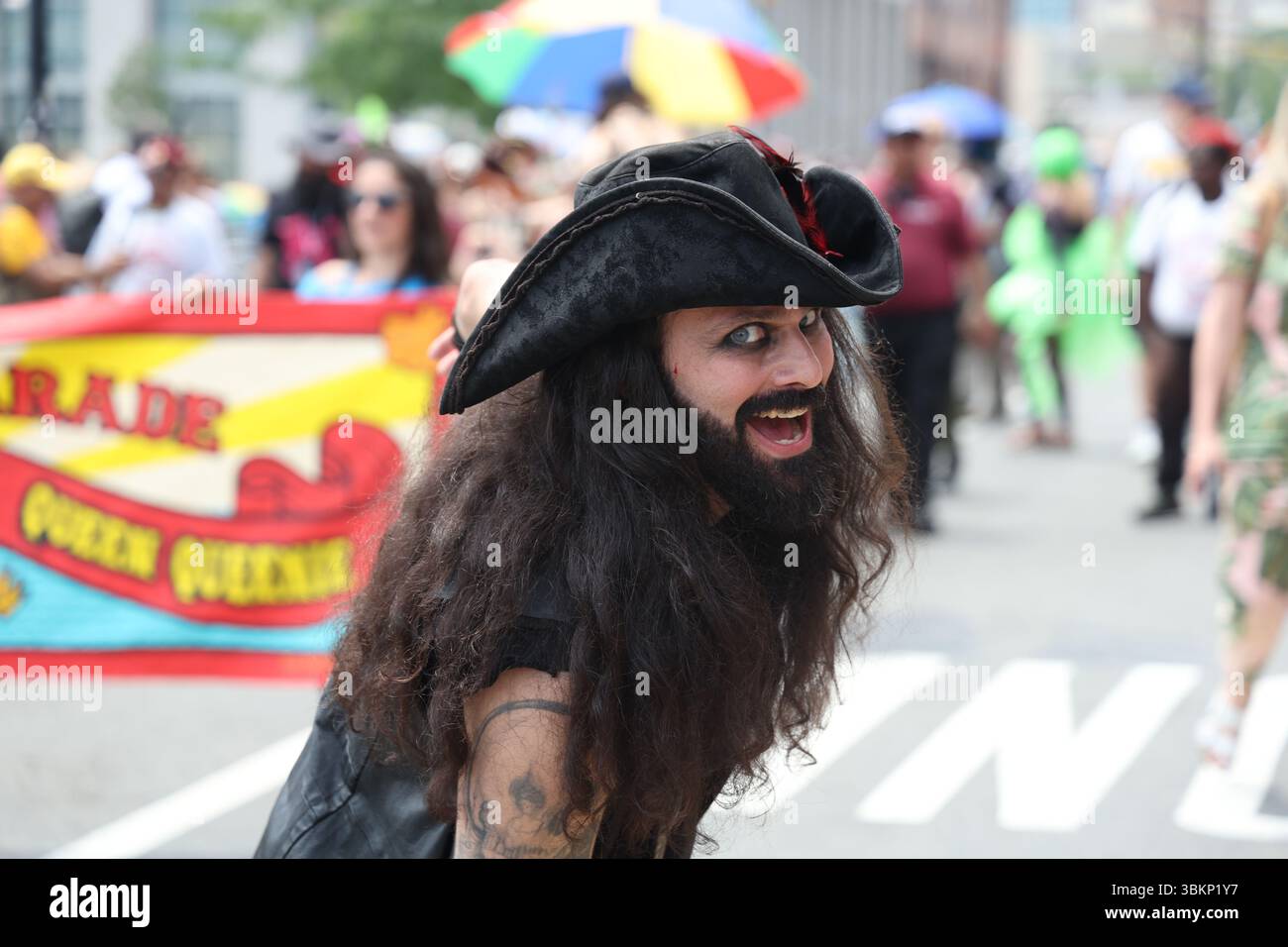 A man dressed as a pirate acts out for the camera during the Mermaid ...