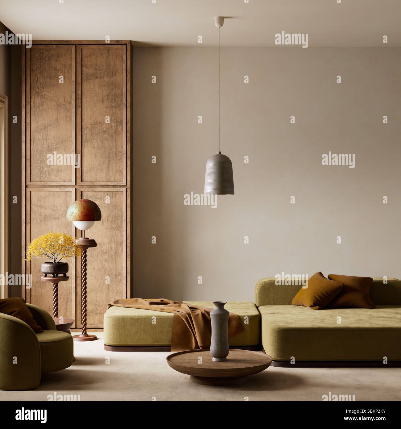 A minimalist living space with olive-green seating, warm wooden accents ...