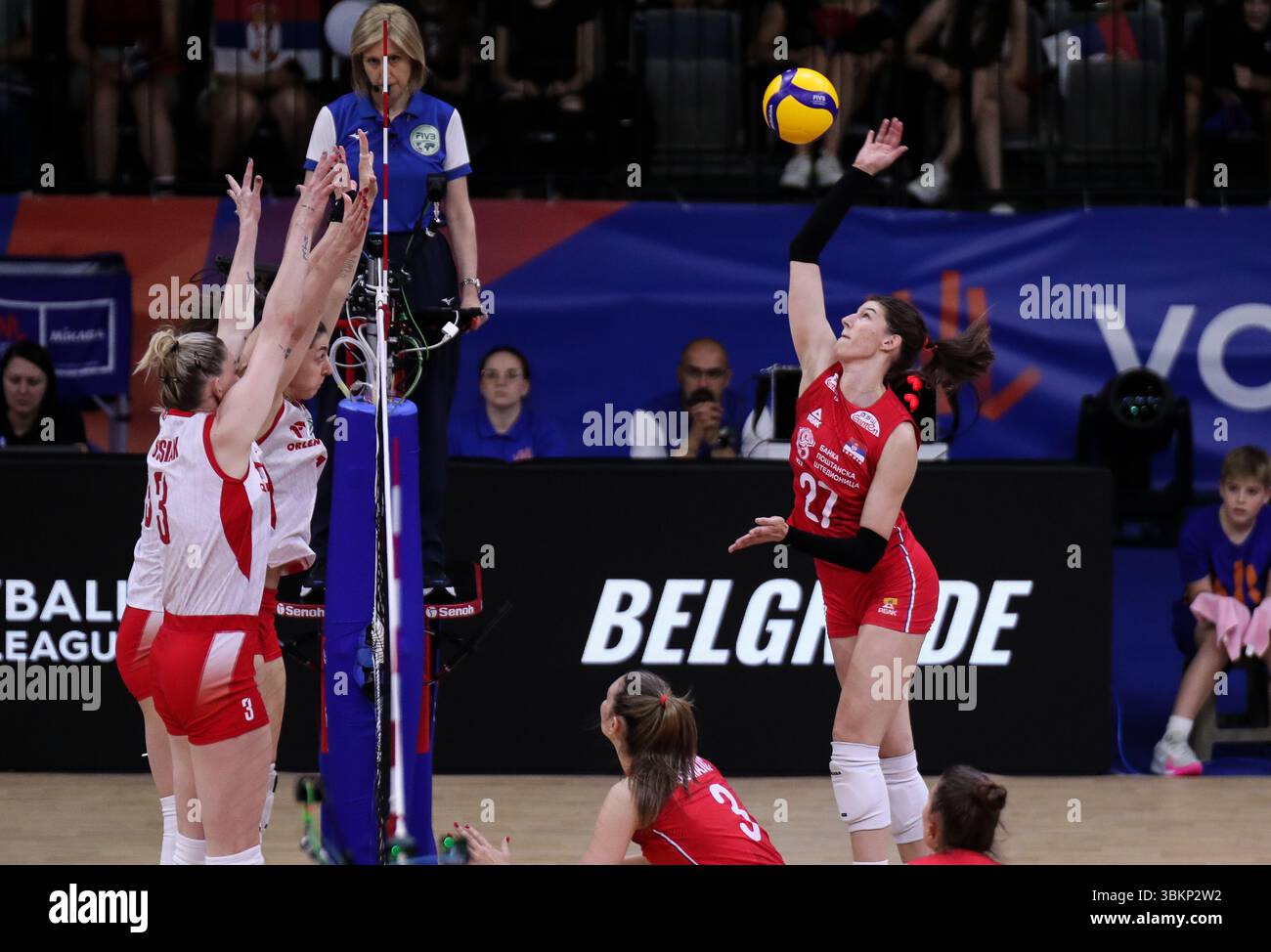 Belgrade, Serbia. 22nd Jun 2025. Vanja Bukilic of Serbia (R) spikes the ...