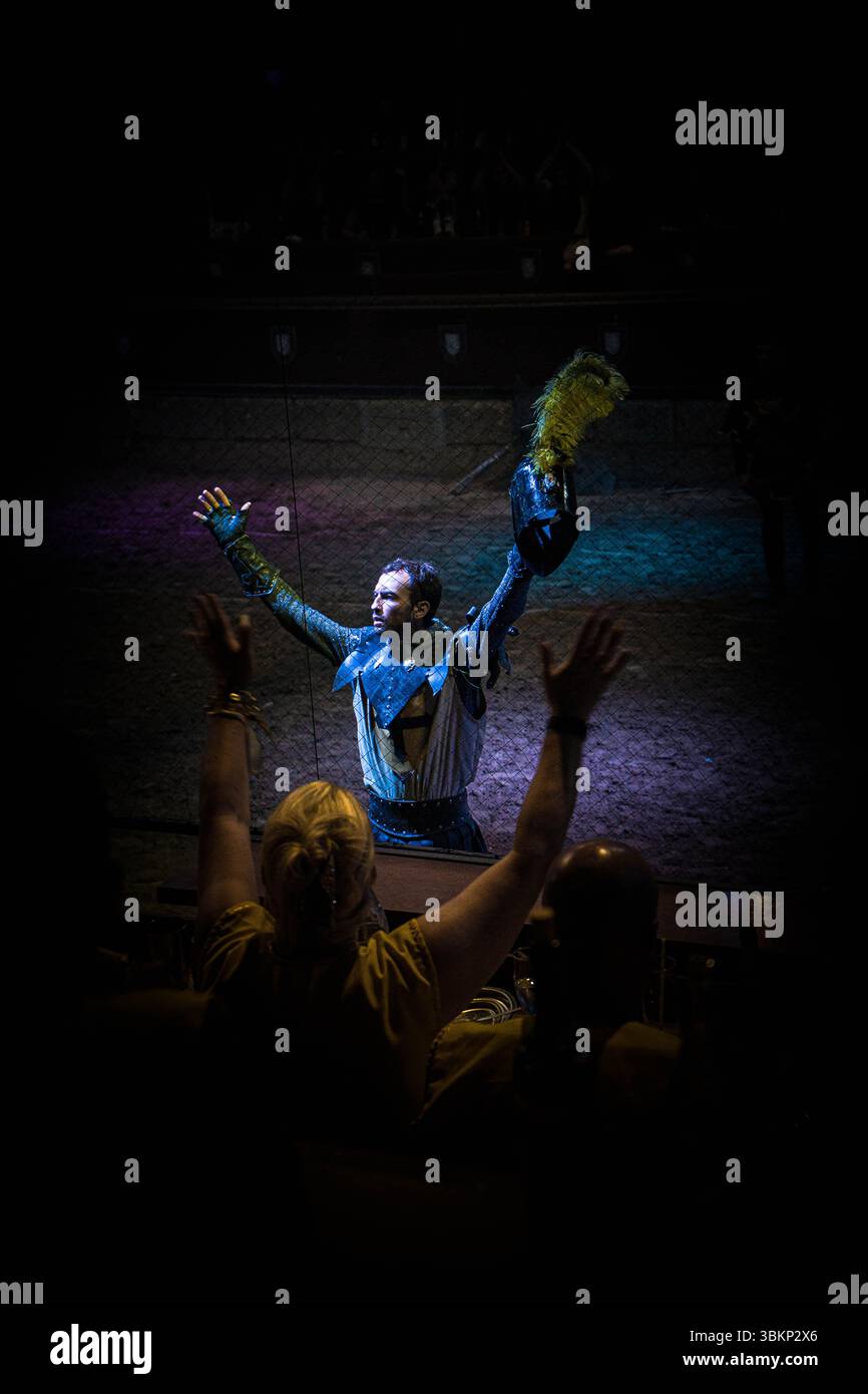 A performer dressed in a blue costume with a feathered accessory stands ...