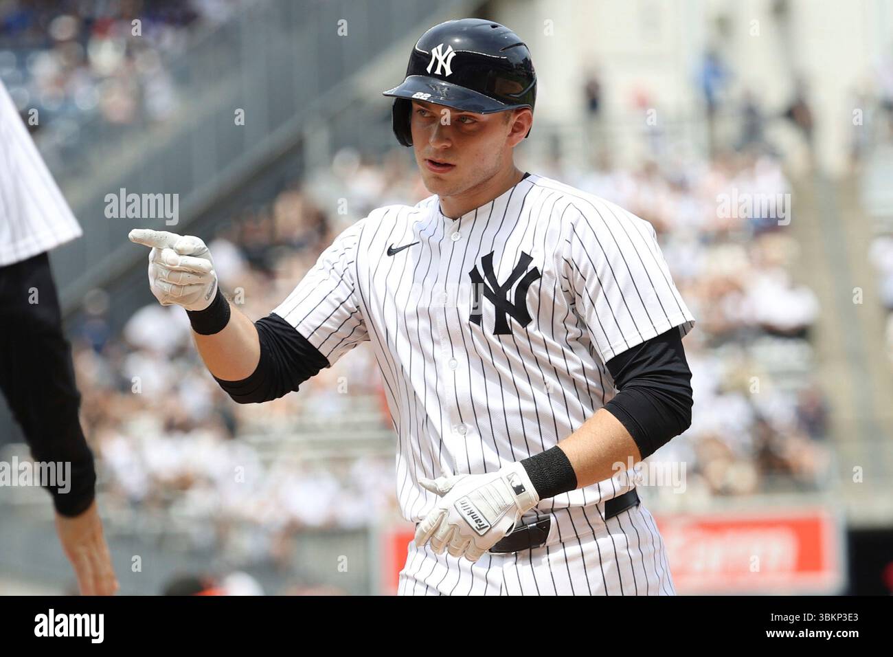 New York Yankees' Ben Rice reacts after hitting a single during the ...