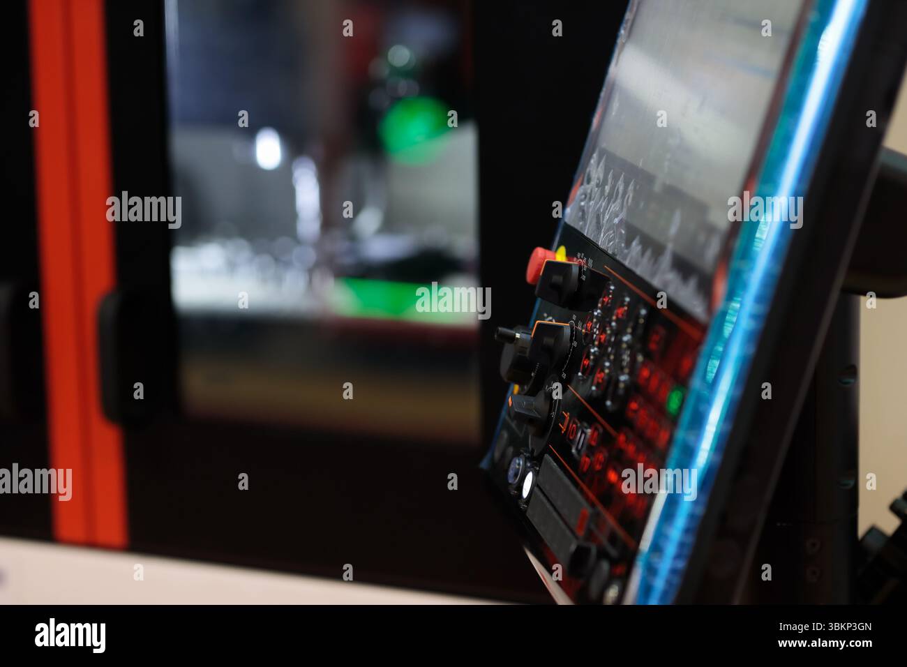 CNC control console of industrial vertical machining center close up ...