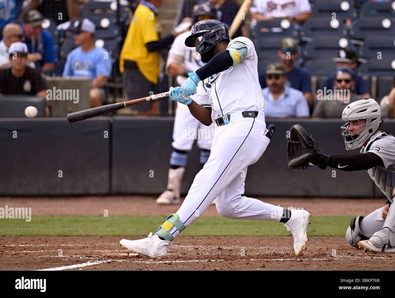 Tampa Bay Rays' Junior Caminero singles during the sixth inning of a baseball game against the ...