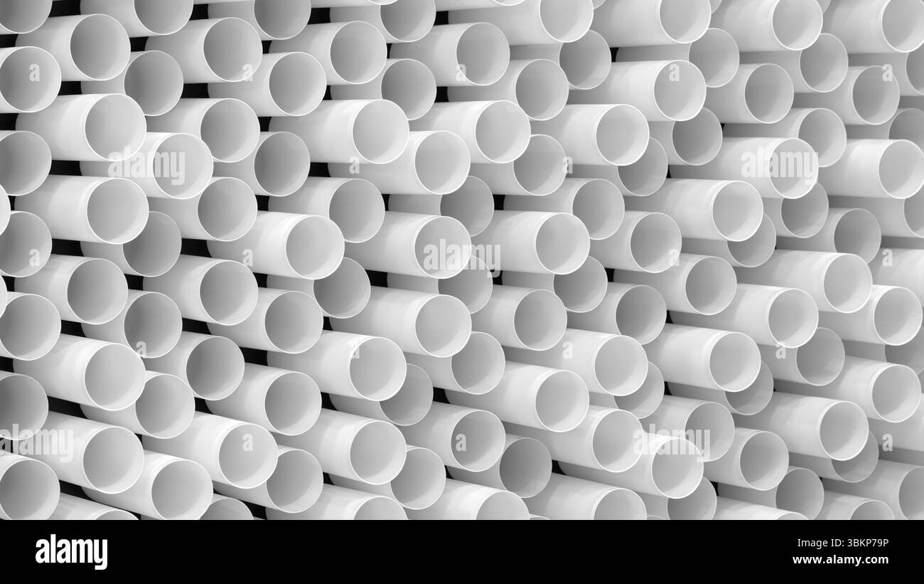 White background with many white cylinders. cylinders are arranged in pattern are all same size ...