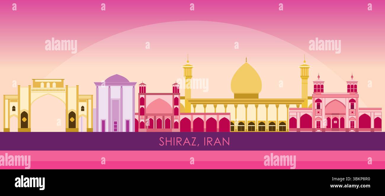Sunset Skyline panorama of city of Shiraz, Iran - vector illustration ...