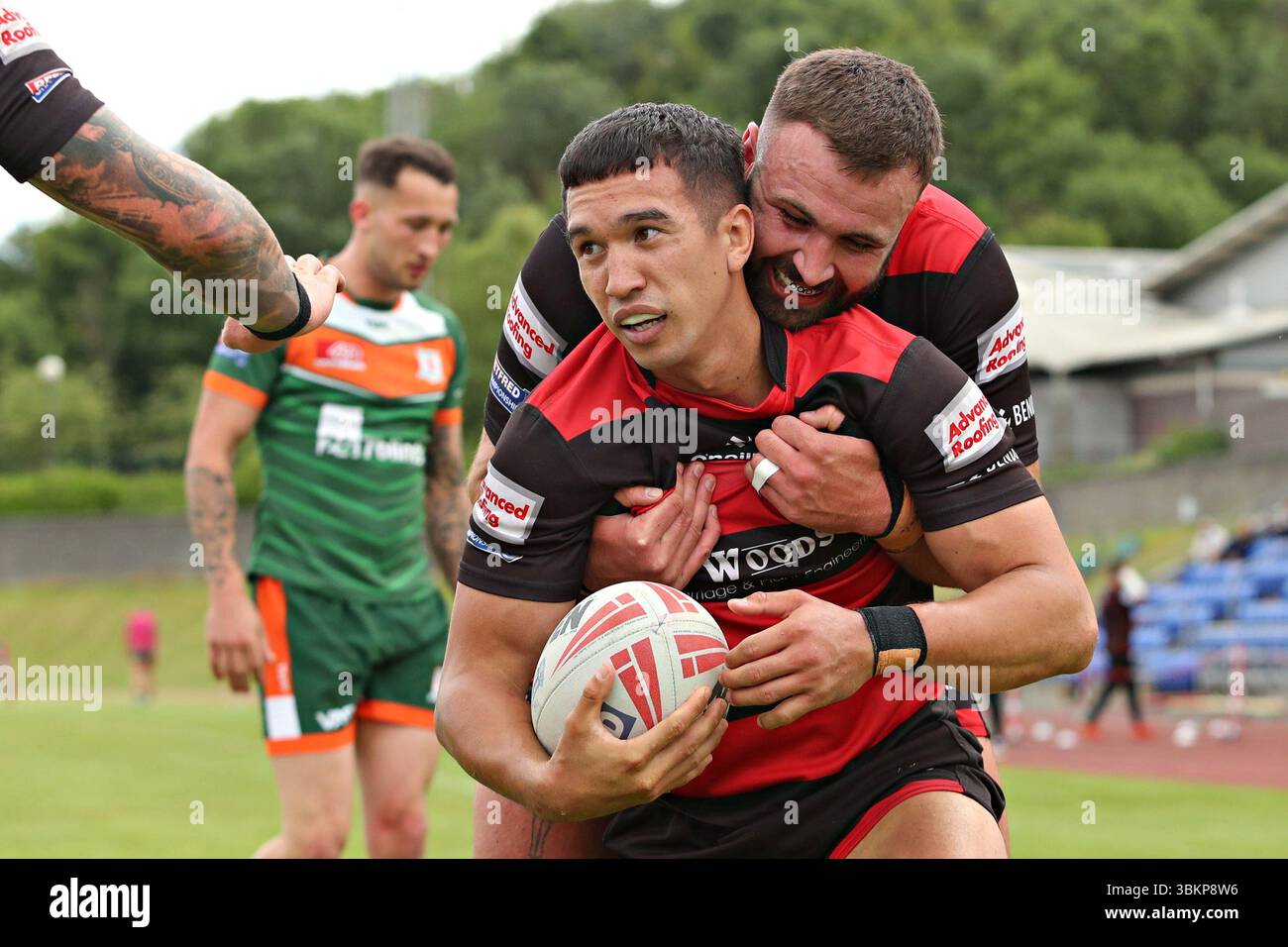 Tee Ritson of Barrow Raiders celebrates scoring a try with Ellis Robson ...