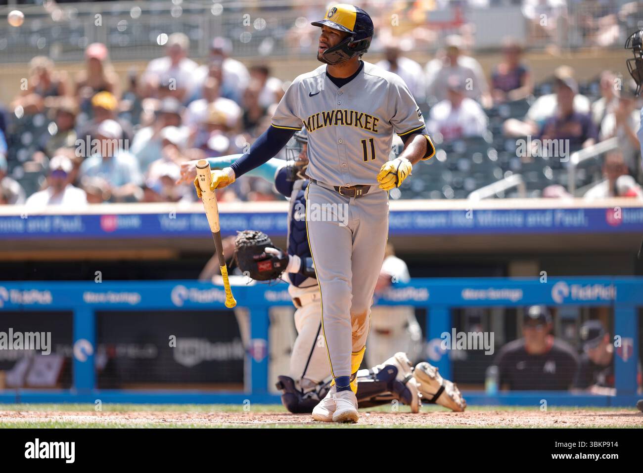 Milwaukee Brewers' Jackson Chourio (11) looks on after striking out ...