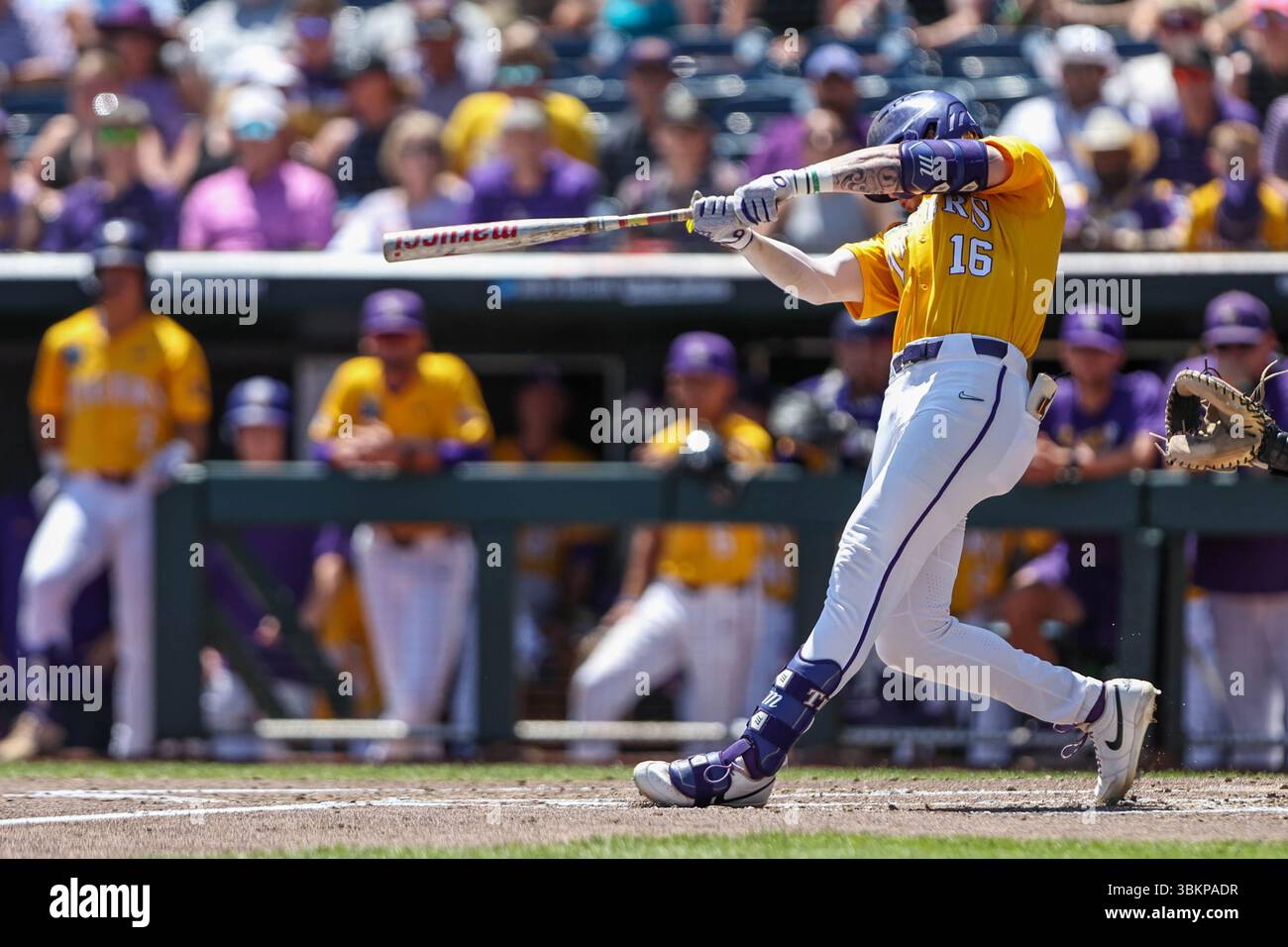 Omaha, NE, USA. 22nd June, 2025. LSU's Ethan Frey (16) delivers a RBI ...