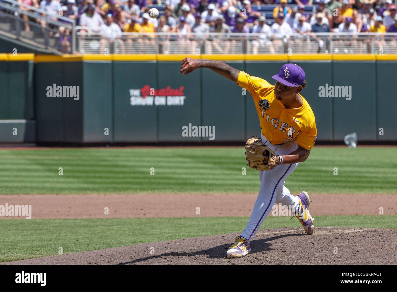 June 22, 2025: LSU starting pitcher Anthony Eyanson (24) delivers a ...