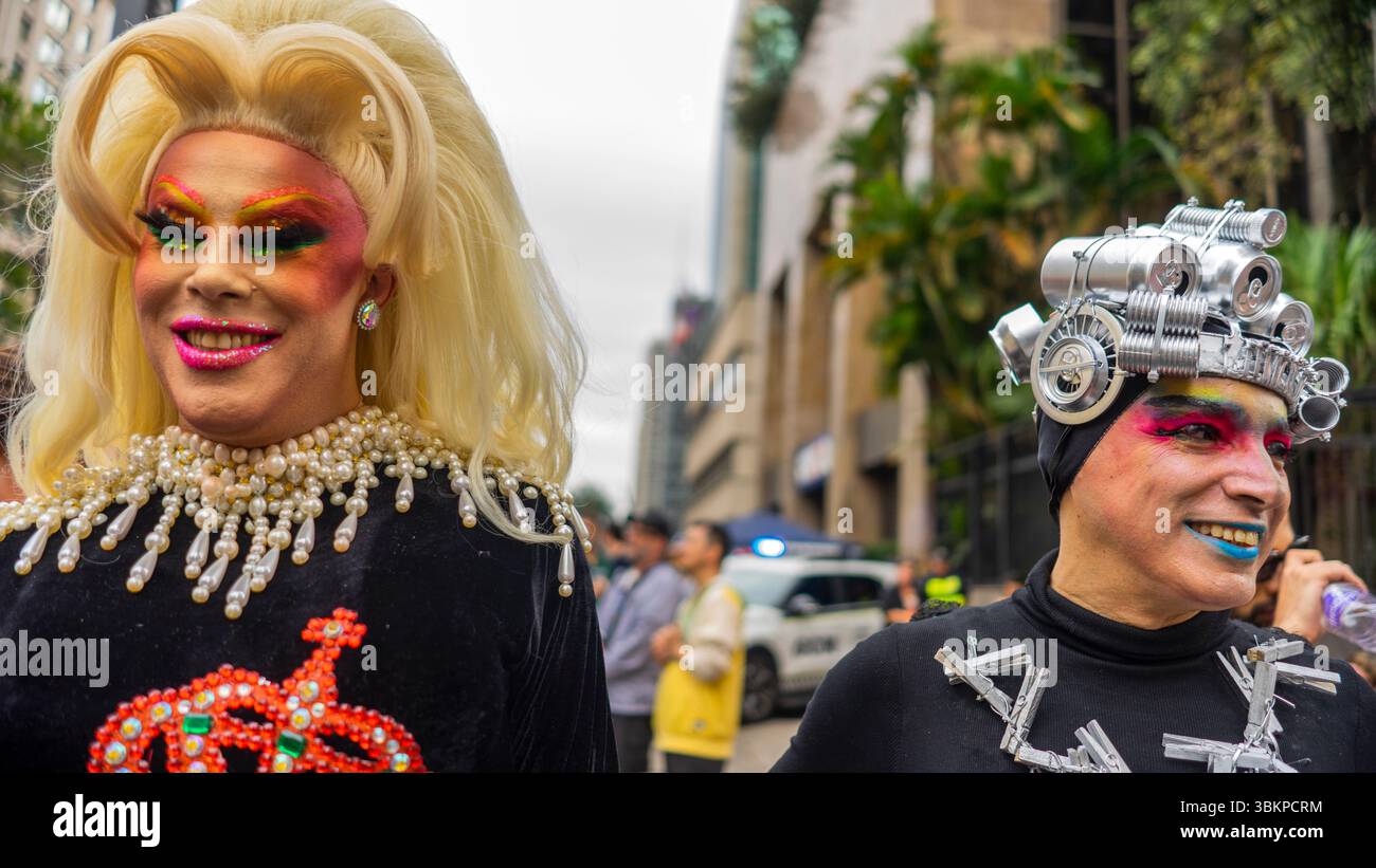 Sao Paulo, Brazil. 22nd June, 2025. Revelers pose for a picture during ...