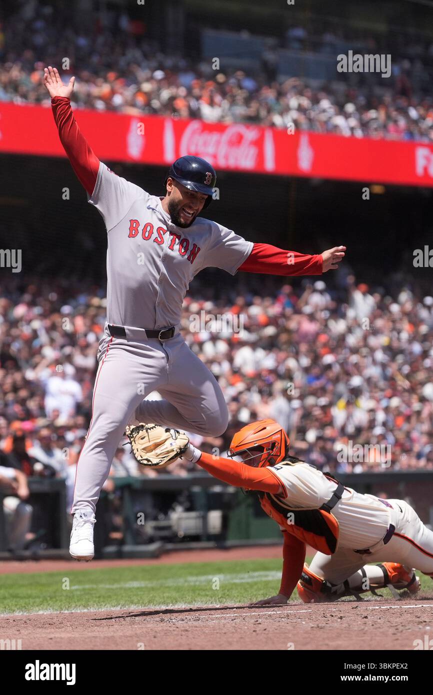 Boston Red Sox's Abraham Toro, left, is called out at home as San ...