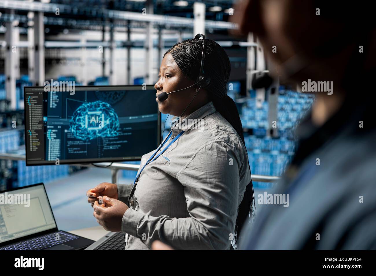 Server hub engineers diagnosing hardware failures using neural networks tech, guiding users ...