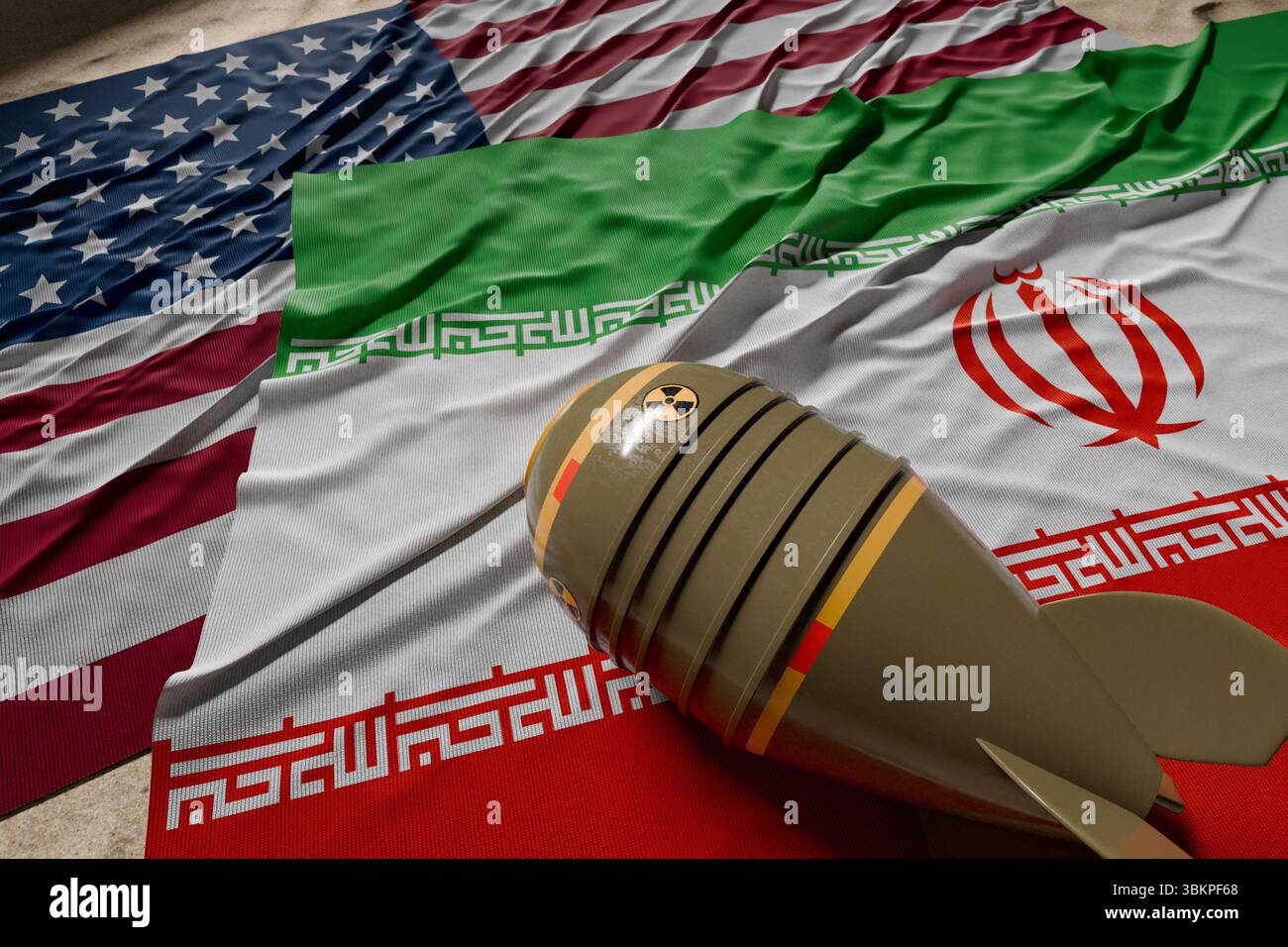 Nuclear Bomb, American And Iranian Flags Resting on Desert Sand Stock ...