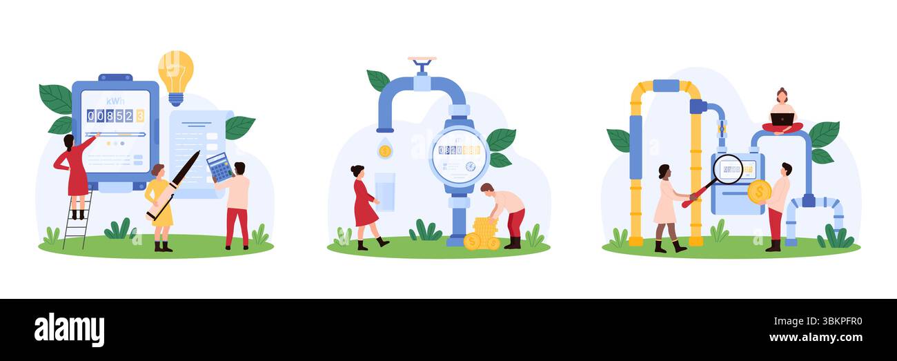 Utility payment set. Tiny people check water, gas and electricity ...