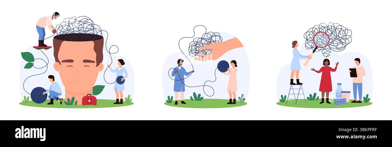 Brain disorder, psychology therapy set. Tiny people work with tangled ...