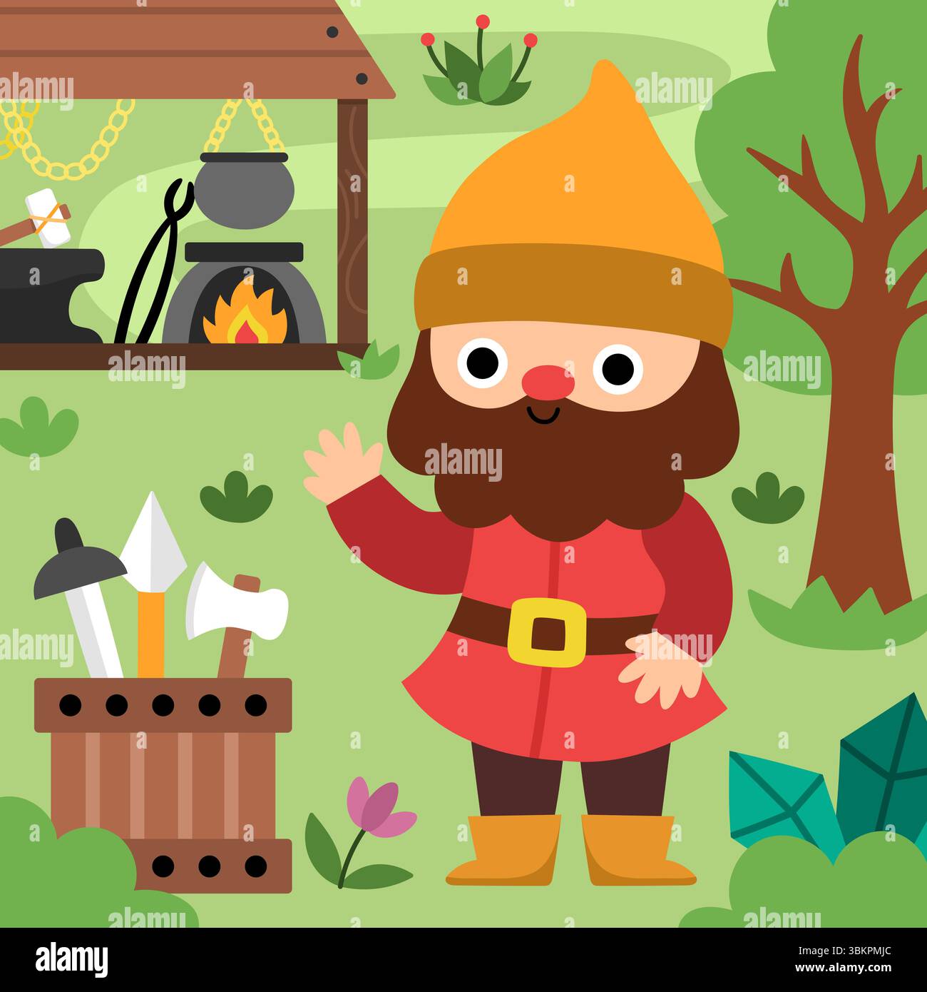 Vector square scene with dwarf blacksmith with tools, forge or smithy ...