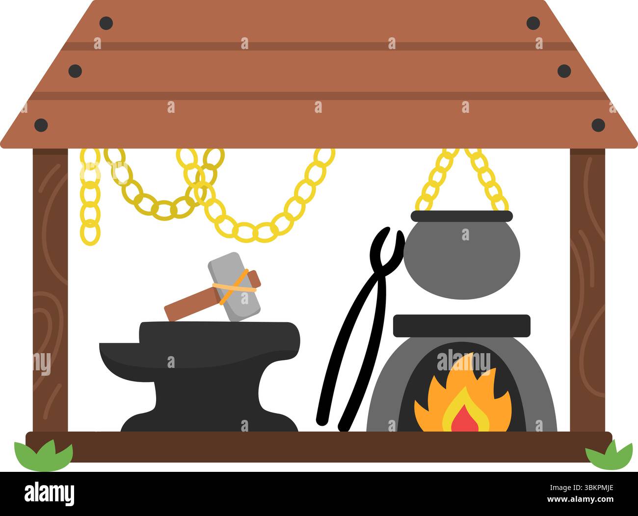 Vector cartoon forge icon. Smithy with cauldron on fire, tools, hammer ...